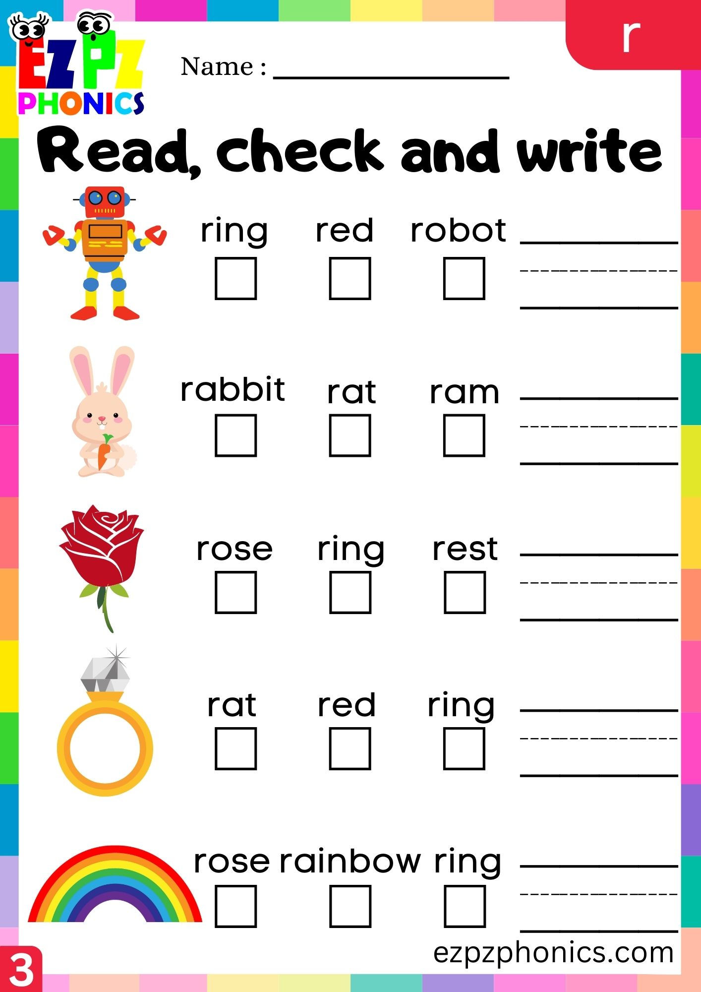 Letter r Read Check and Write the Words Group 3 - ezpzphonics.com